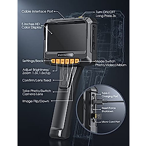 Endoscope Camera with Light, Inspection Camera with 5" IPS Screen, Endoscope with 32GB TF Card, 16.4ft Semi-Rigid Cable Borescope with Dual Lens, IP67 Waterproof LED Lights, Hardshell Case (Orange)