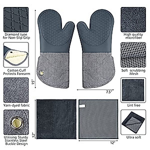 Professional Microwave Silicone Oven Mitts Yarn-Dyed 1 Pair and Kitchen Towels 2 pcs, Kitchen Lines Set for Heat Resistant with 500 Degrees of Kitchen Gloves Pot Holder for BBQ Cooking Baking