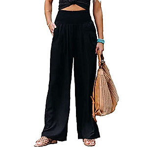 Zontroldy Cotton Linen Wide Leg Palazzo Beach Pants for Women Casual Elastic High Waist Smocked Lounge Pants(0628-Black-1-XL)