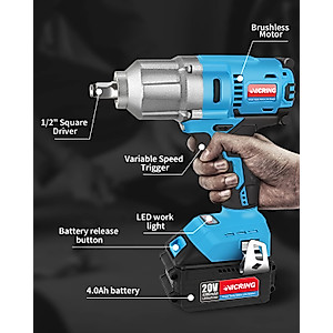 VICRING 20V Cordless Impact Wrench 1/2 Inch Impact Gun Brushless High Torque Power Impact Wrench Electric Lug Nuts Impact Driver With 4.0Ah Battery Fast Charger and 4 Sockets