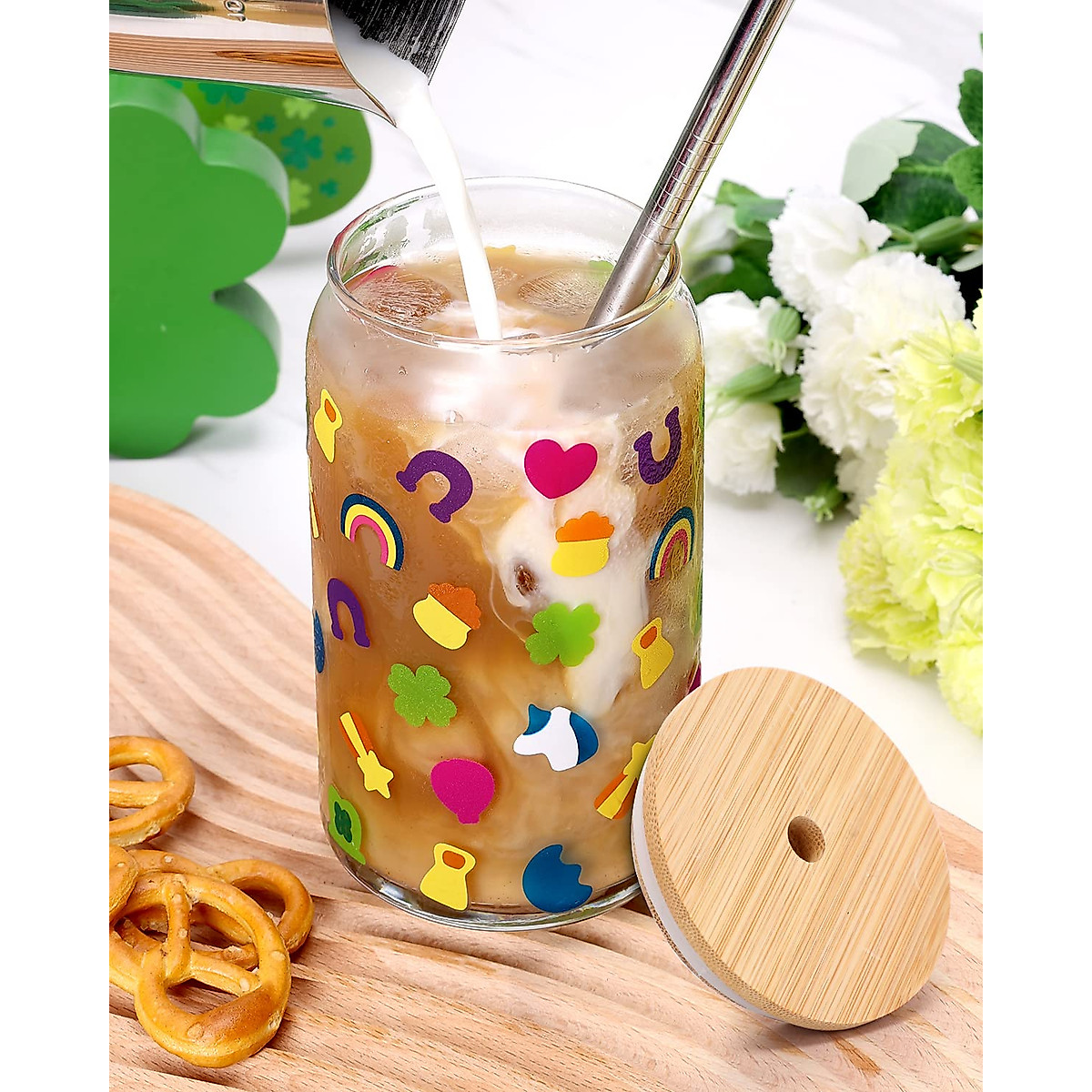 Nefelibata Lucky Charm Iced Coffee Glass Cup Beer Can Glass 16oz with Bamboo Lid and Metal Straw Feeling St. Patrick's Day Drinking Glasses Preppy Smoothie Tumbler Mug Modern Coffee Gift Idea