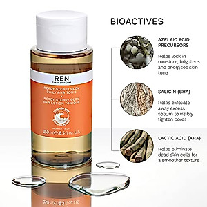 REN Clean Skincare Glow Tonic - Daily Facial Brightening - Exfoliate, Hydrate & Even Skin Tone with Resurfacing AHAs & BHAs - Cruelty Free & Vegan Pore Reducing Toner, 8.5 Fl Oz
