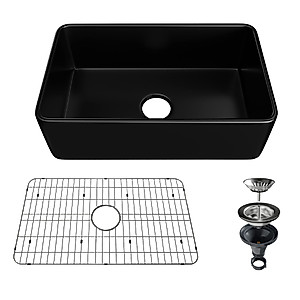 CASAINC 30-inch Kitchen Sink Black, Farmhouse Sink Fireclay Apron -Front Farmhouse Deep Single Bowl, Farmhouse Sink with Stainless Steel Bottom Grid and Kitchen Sink Drain
