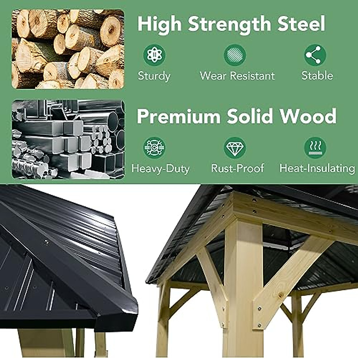 BBQ Gazebo Canopy Patiojoy 10'x10' Outdoor Patio Hardtop Gazebo Double Steel Roof Solid Wood Frame Grill Gazebo Shelter for Patio, Garden