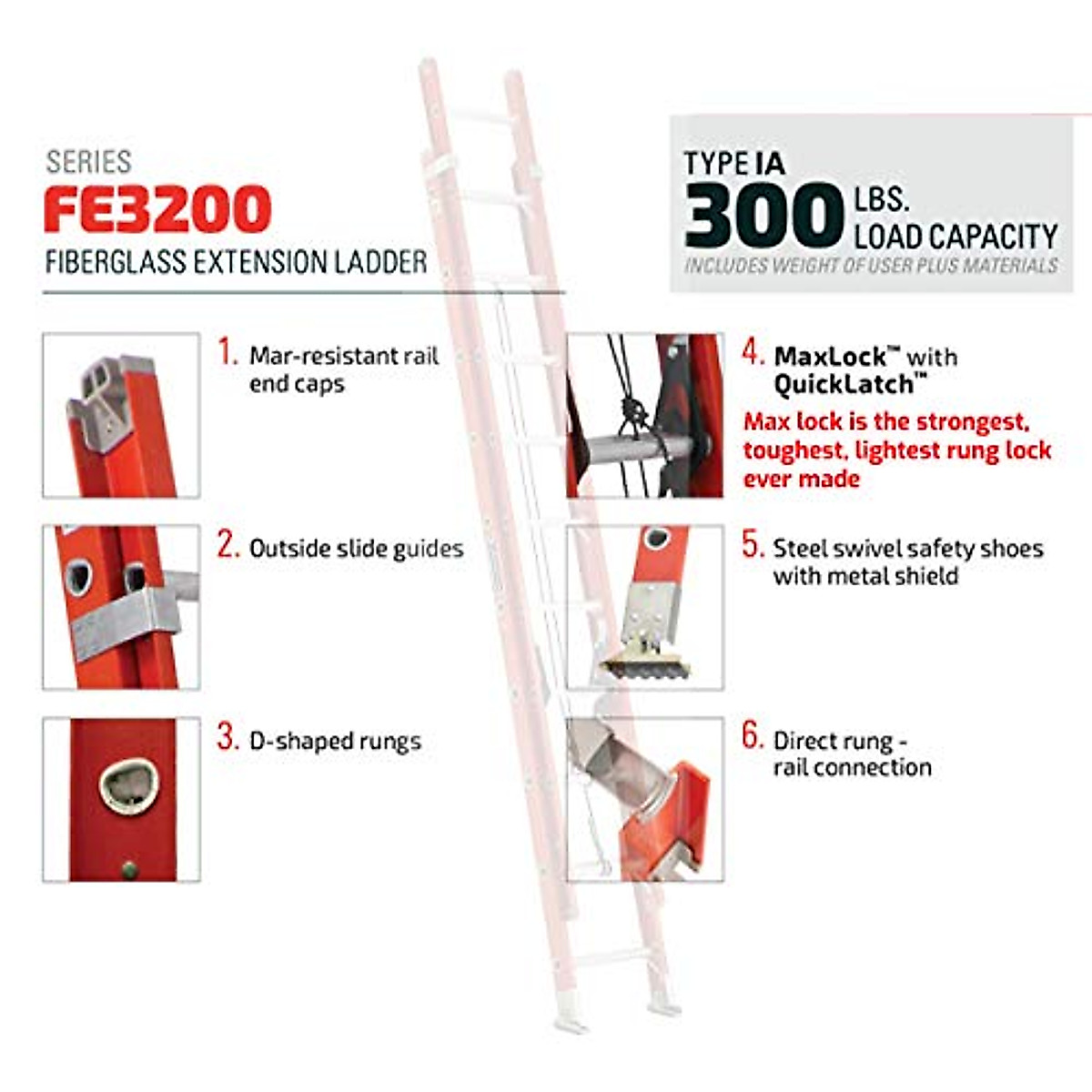 Louisville Ladder FE3232 Fiberlass Step Ladder 300-Pound Duty Rating, 32 Feet, Orange
