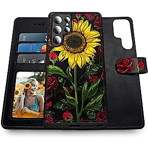 Shields Up for Galaxy S22 Ultra Case, [Detachable] Magnetic Wallet Case with Card Holder & Strap for Girls/Women, [Vegan Leather] Floral Cover for Samsung Galaxy S22 Ultra 5G -Rose Flower/Sunflower