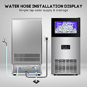 Commercial Ice Maker Machine 130LBS/24H with 35LBS Storage Bin, Stainless Steel Undercounter/Freestanding Ice Cube Maker for Home Bar Outdoor, Automatic Operation, Include Scoop, Connection Hose