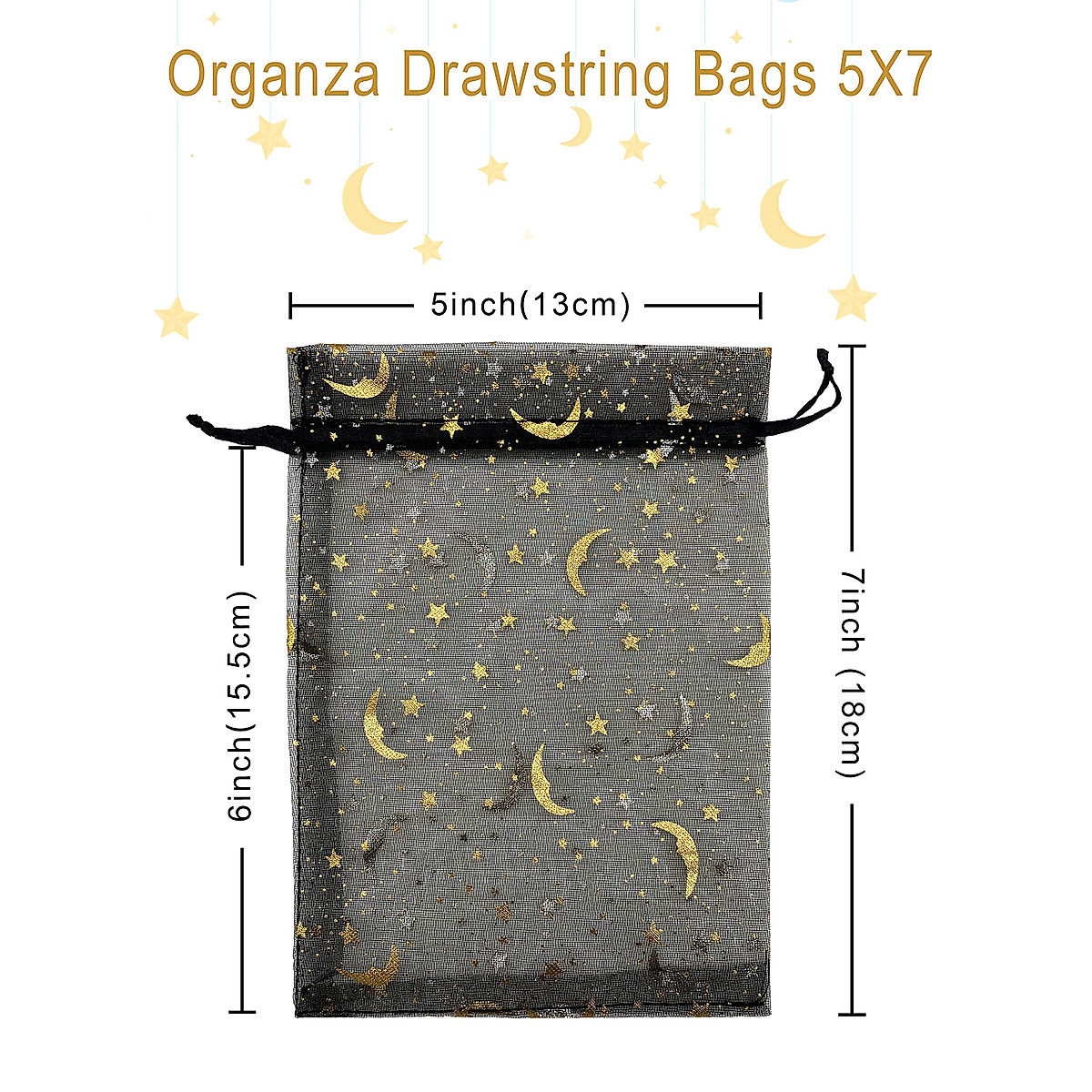 Jexila 100PCS Black Organza Bags 5''X7'' Moon Star Pattern Mesh Jewelry Gift Bags with Drawstring for Wedding Party Favor Small Candy Bags