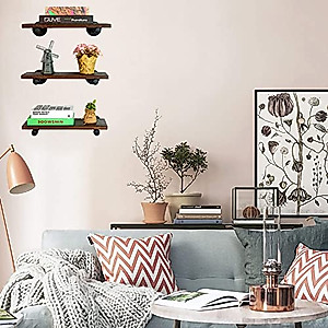 MANTE BLONG QTSARTISAN Floating Shelves with Industrial Pipe Brackets Rustic Set of 3, Wall Mounted Wood Shelving Storage Home Decor for Living Room Bedroom Bathroom Kitchen Office 17" x 7.1", Brown