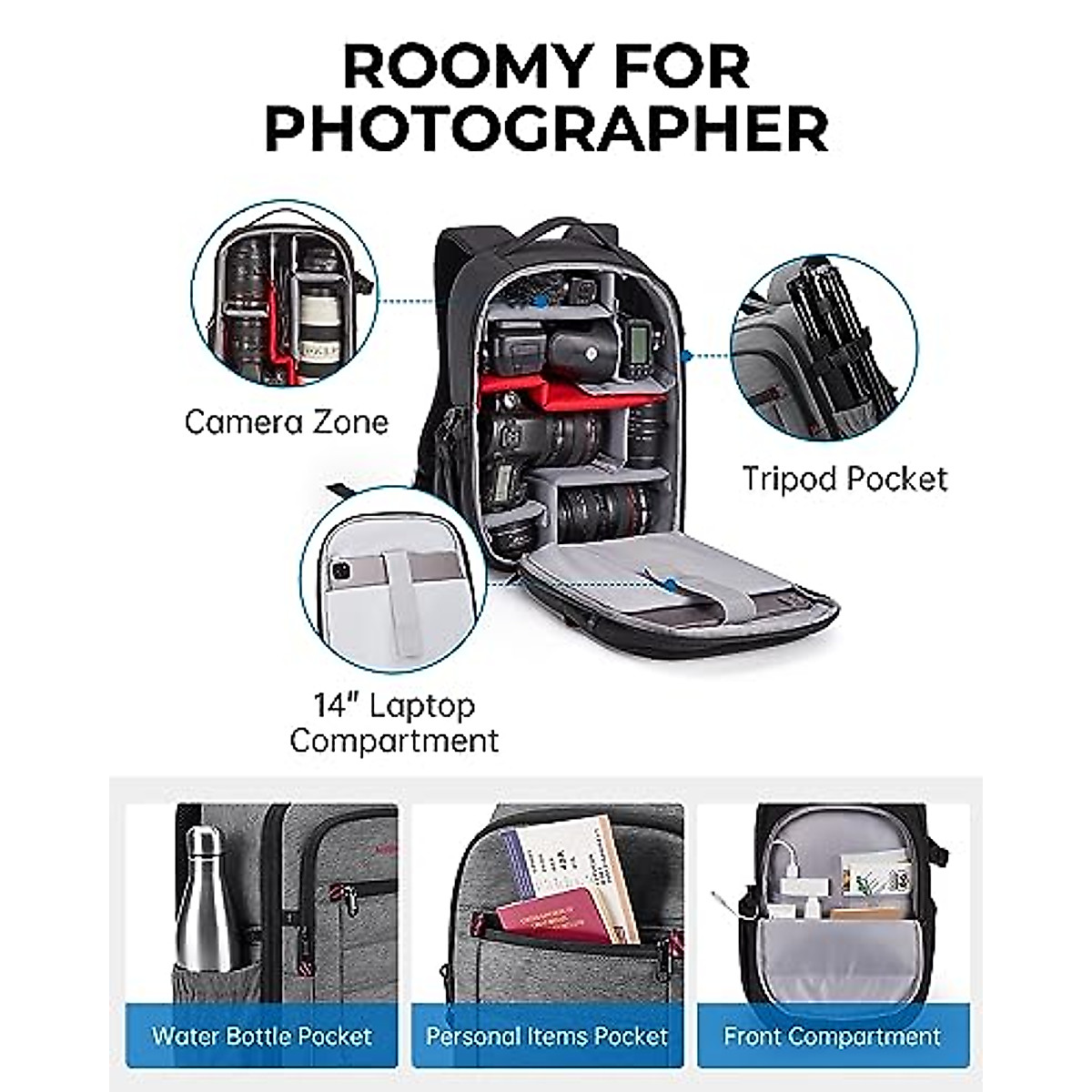 BAGSMART Camera Bag, DSLR SLR Camera Backpack Fits 13.3 Inch Laptop, Anti-theft Photography Backpacks with Rain Cover Tripod Holder, Grey