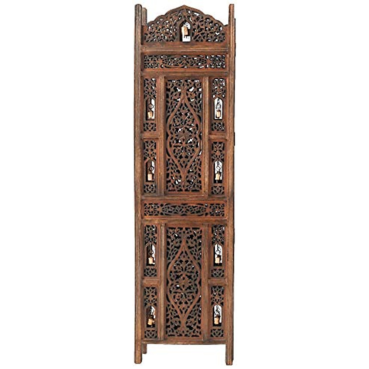 Cotton Craft Ghanti Bells - Antique Brown 4 Panel Handcrafted Wood Room Divider Screen 72x80 - With Tiny Bells - Intricately Carved On Both Sides