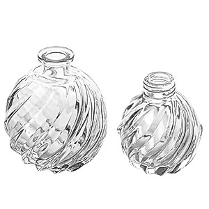 MyGift Modern Clear Glass Reed Diffuser Bottle, Small Round Decorative Bottles Flower Bud Vase with Spiral Ribbed Textured Pattern, Set of 2