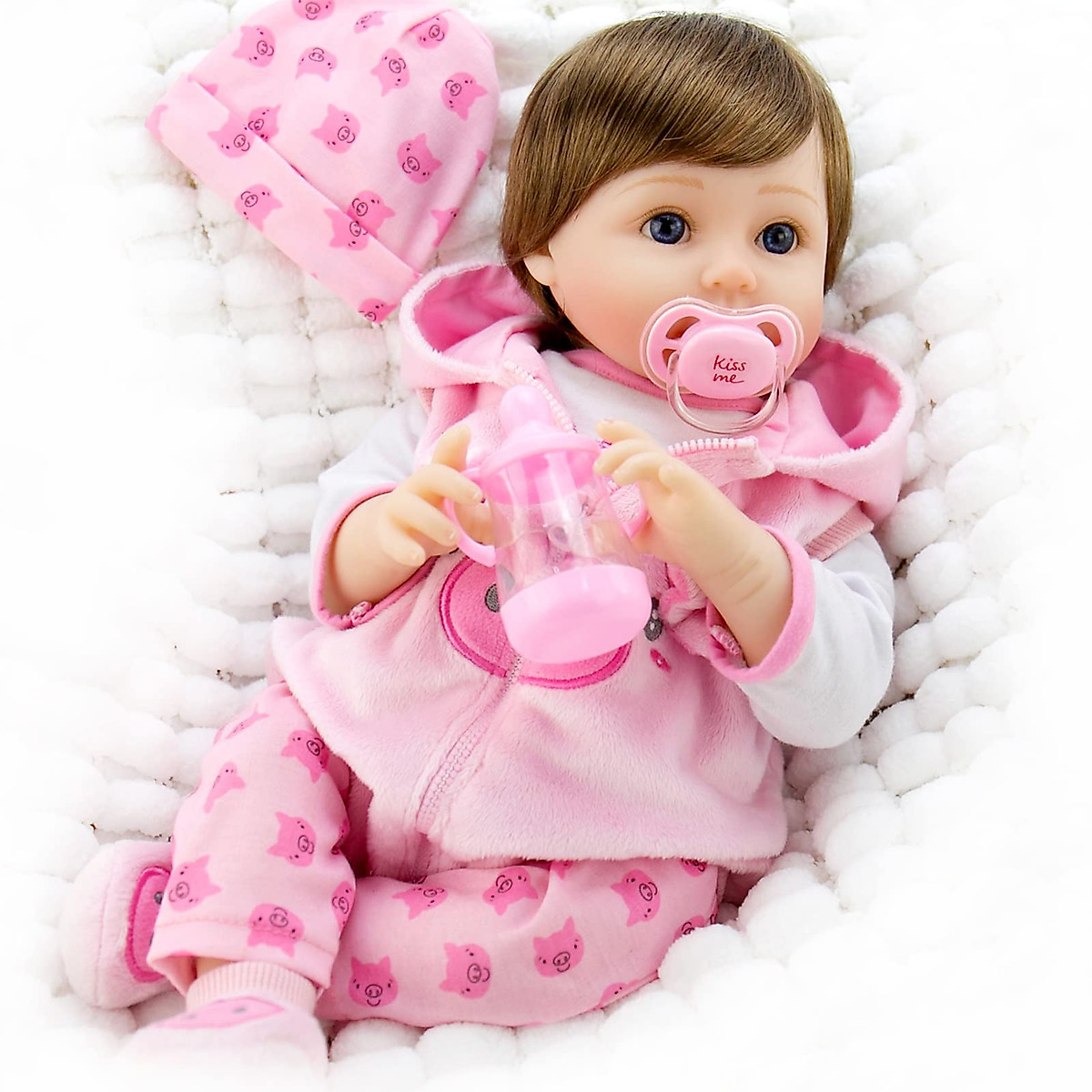 Aori Lifelike Reborn Baby Dolls 22 Inch Realistic Weighted Newborn Toddler Girl with Pink Clothes and Piggy Toy Accessories Best Birthday Set for Girls