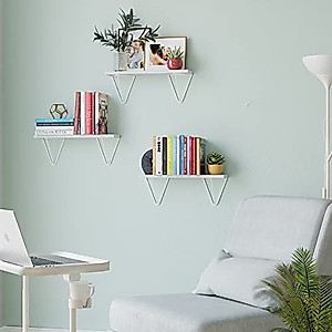 Wallniture Colmar Washed White Floating Shelves for Wall, Wood Wall Shelves for Living Room, Geometric Triangle Shelf with White Brackets Set of 3