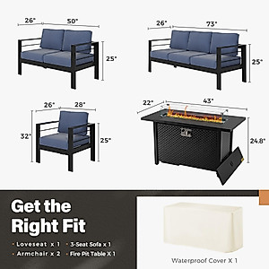 Solaste Aluminum Patio Furniture Set with Metal Fire Pit Table, 7 Seats Metal Outdoor Furniture with Water-Resistant Cushions, Modern Patio Conversation Set for Front Porch, and Backyard, Blue