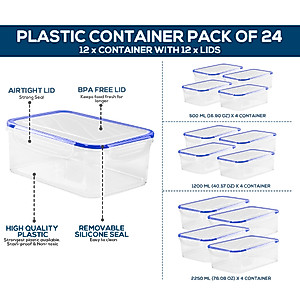 Utopia Kitchen Plastic Food Storage Container Set with Airtight Lids - Pack of 24 (12 Containers & 12 Snap Lids)- Reusable & Leftover Food Lunch Boxes - Leak Proof, Freezer & Microwave Safe