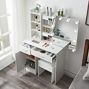 Xinhonglei Modern Makeup Vanity Desk with Lights, Vanity Table with Lighted Mirror, White Vanity Set Dressing Table with 2 Drawers and a Cabinet for Bedroom