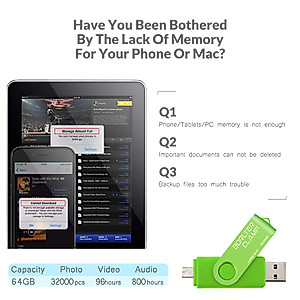 BorlterClamp 64GB USB Flash Drive Dual Port Memory Stick, OTG Thumb Drive with Micro USB Drive Port for Android Smartphone Tablet & Computer (Green)