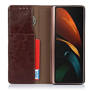 Jaorty Compatible with Samsung Galaxy Z Fold 2 5G Wallet Case,Stand Feature Cowhide Genuine Leather Credit Card Holder Coin Slot Cover Case for Samsung Galaxy Z Fold 2 5G,Dark Brown