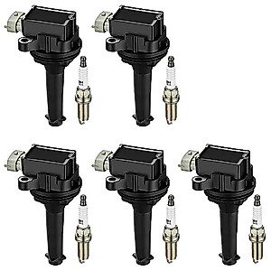 BDFHYK Ignition Coil Pack UF517 and Iridium Spark Plugs AP5325 Compatible with Volvo C30 C70 S40 S60 V50 V70 XC70 2.4L 2.5L L5 C1721 307134170 SKIC178 GN10331 COP345 Sets of 5