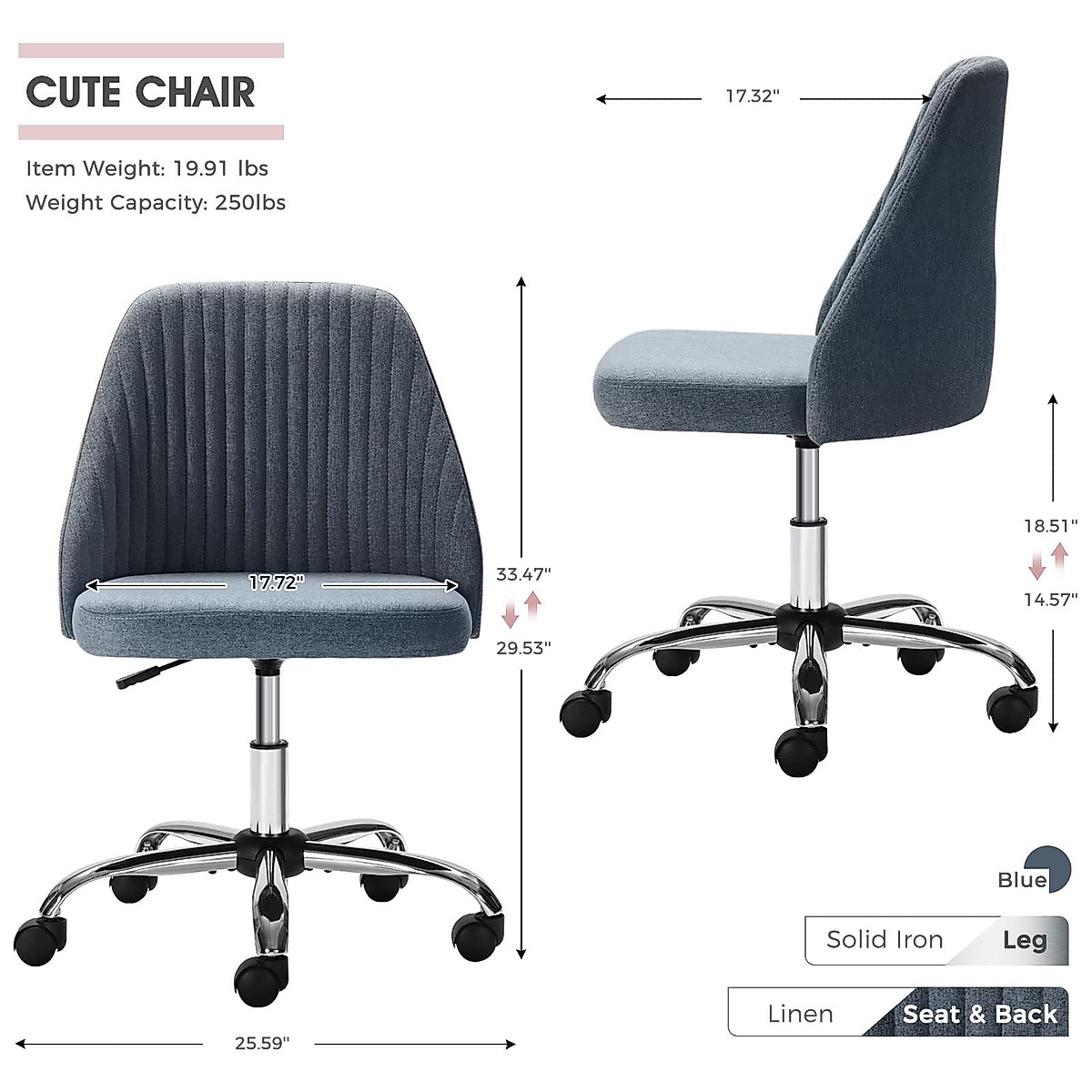 Home Office Desk Chair - Adjustable Rolling Chair, Armless Cute Modern Task Chair for Office, Home, Make Up,Small Space, Bed Room