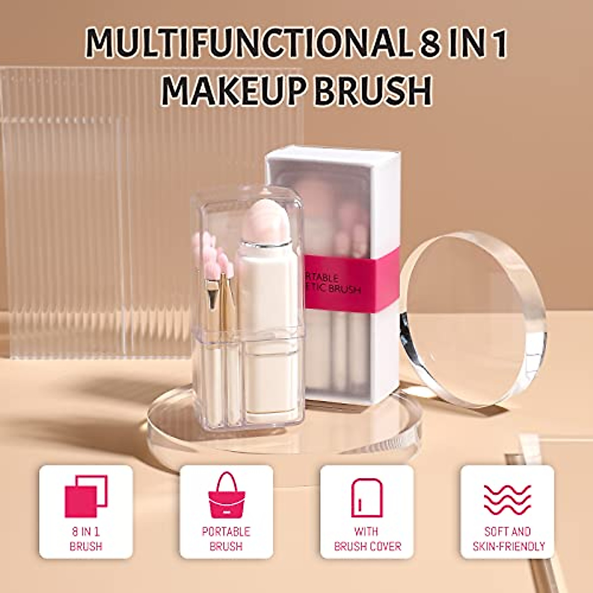 JPNK Portable Makeup Brushes For Travel Makeup - 8 in 1 Travel Loose Powder Brush, Angled Brush,Foundation Blending Lip Brush Retractable Makeup Brushes Sets (White)