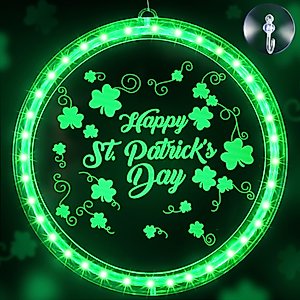 Enhon St. Patrick's Day Clover Window Light Decoration, Backdrop Decorative Saint Patrick Green Light for Windows Pathway Patio Bedroom Party Holiday Wall Decor (Word Style)