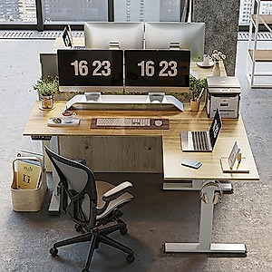 FEZIBO Triple Motor L-Shaped Electric Standing Desk, 63 Inches Height Adjustable Stand up Corner Desk, Sit Stand Workstation with Splice Board, White Frame/Natural Top