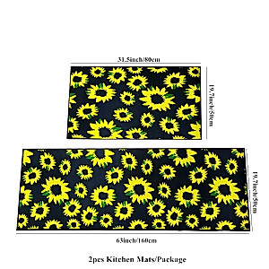 HJJKKH Sunflower Kitchen Rugs Set of 2pcs Anti Fatigue Mat,Waterproof Non Slip Sunflower Kitchen Mats Set for Kitchen Floor,Spring Summer Decorative Rugs for Home Kitchen (19.7x31.5+19.7x63 inch)