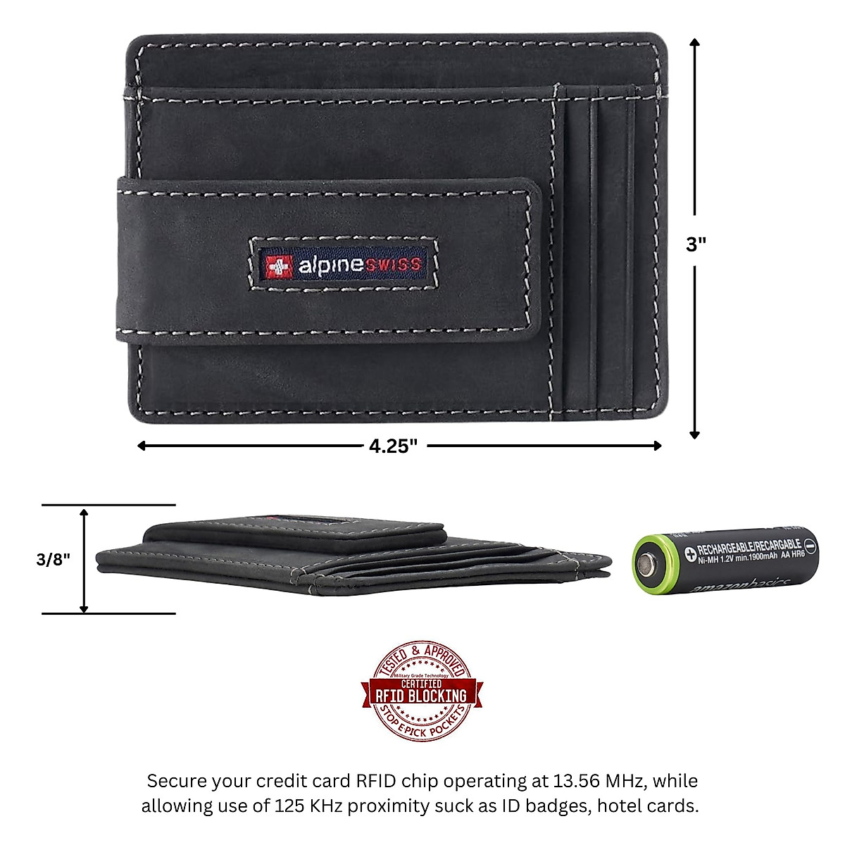 Alpine Swiss Harper Mens RFID Slim Front Pocket Wallet Magnetic Money Clip ID Card Holder Leather Nubuck Black