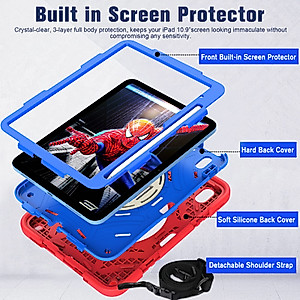 LTROP iPad 10th Generation Case(10.9-inch, 2022), iPad 10th Gen Case with Screen Protector, Hand/Shoulder Strap, Swivel Kickstand, Sturdy Cover Case for iPad 10.9 10 Generation for Kids Boys, Red