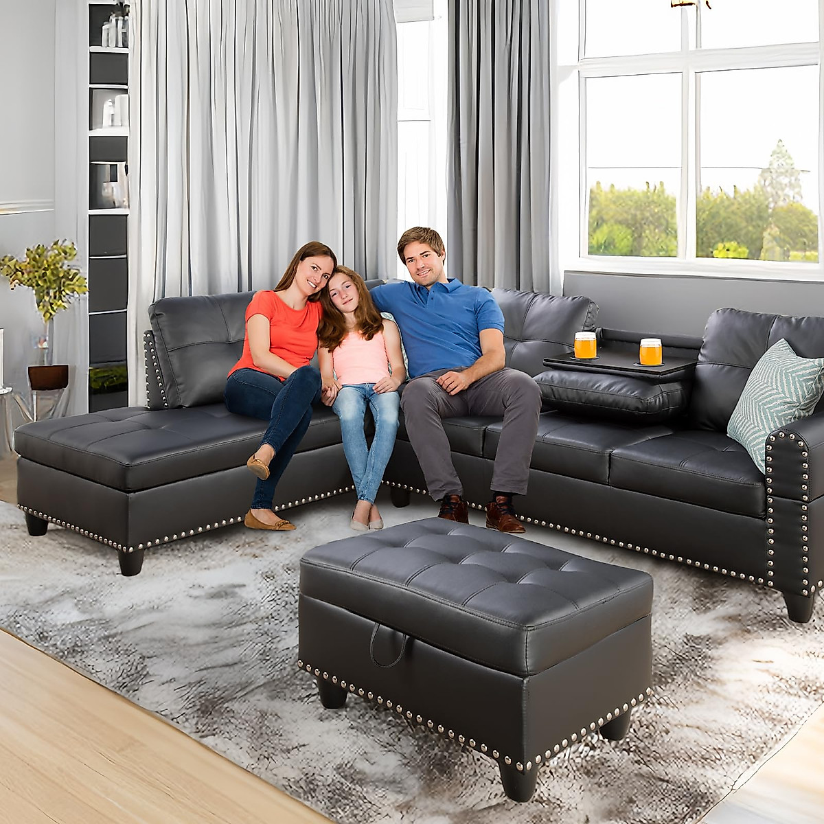 Yafylly L Shaped Sectional Couch, Living Room Furniture Set with Storage Ottoman, Deep Seat Modular Sofa with 2 Cup Holders, 2 Throw Pillows for Large Space, Black