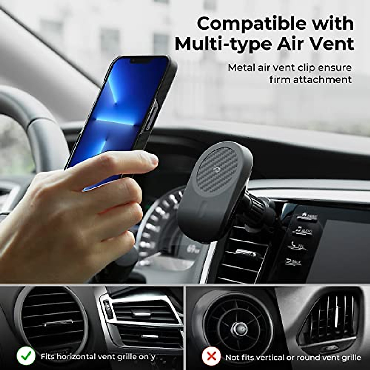PITAKA Magnetic Car Phone Holder Mount for iPhone 14/13 Series & MagEZ Case 2 for Galaxy S22 Series [MagEZ Car Mount Lite] Compatible with MagSafe (Non-Charging Version) - Air Vent