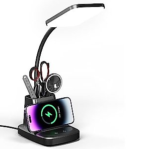 Vicsoon Desk Lamp for Home Office, LED Desk Lamp with Wireless Charger Pen Holder, Dimmable Desk Light with 3 Color Modes, Black Office Lamp for Dorm