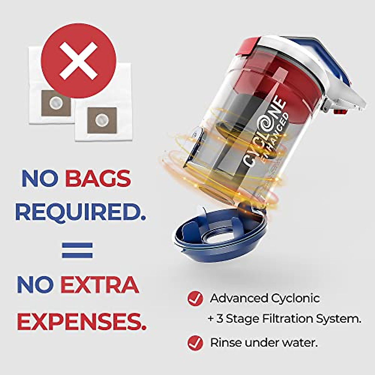 PINETAN Bagless Cyclone Canister Vacuum Cleaner, with Cyclone Filtration, Lightweight Design & Powerful Suction, Multi-Surface Cleaning Nozzle and Automatic Cord Rewind - Ocean Blue, UC612