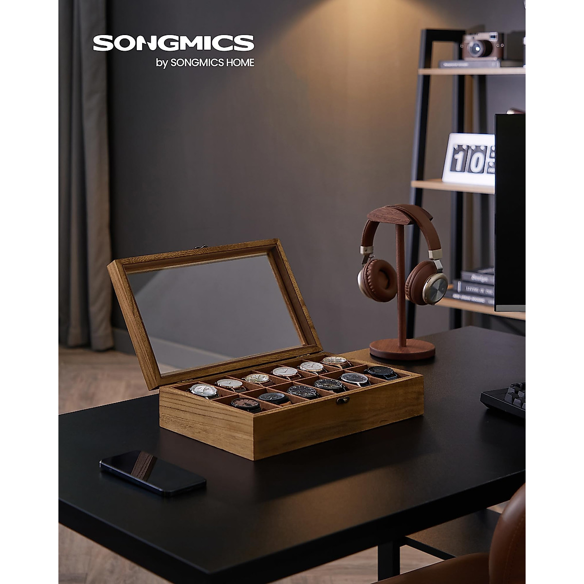SONGMICS Watch Box, 12-Slot Watch Case, Solid Wood Watch Box Organizer with Glass Lid, Watch Display Case with Removable Pillows, Gift for Loved Ones, Rustic Walnut UJOW120K01