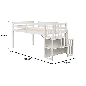 DEYOBED Low Loft Bed with Stairs and Slide - Wood Twin Bed Frame for Kids - Ideal for Boys and Girls - White