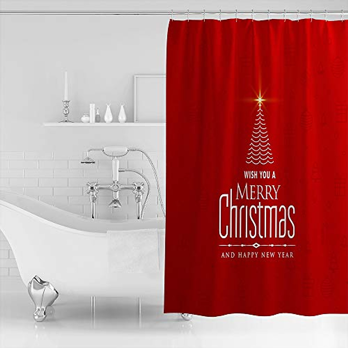Shower Curtains for Bathroom Decoration Merry Christmas and Happy New Year Red Backdrop Pattern Waterproof Polyester Fabric 72" Wx72 L with Hooks, Machine Washable