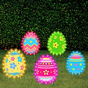 5 pcs Glow Easter Yard Signs Outdoor Lawn Decorations with Stakes, Large Easter Egg Yard Signs Decor, LED String Light Decorative