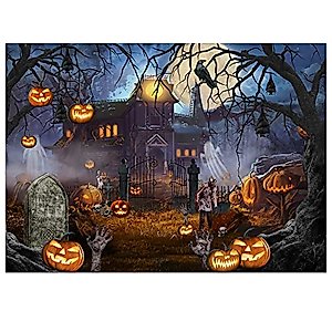 Halloween Backdrop, Halloween Ghost Castle Pumpkin Photo Backdrops for Photography 7x5ft, Halloween Night Castle Back Drops Background for Pictures Halloween Party Decorations Banner Booth Props