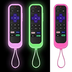 3Pack Silicone Protective Controller Sleeve for Roku | onn Roku TV Remote Cover | TCL Roku Remote Case Universal for Roku Express 4K+ 2021 | Hisense Roku (Glow Purple&Glow Green&Rose Red)