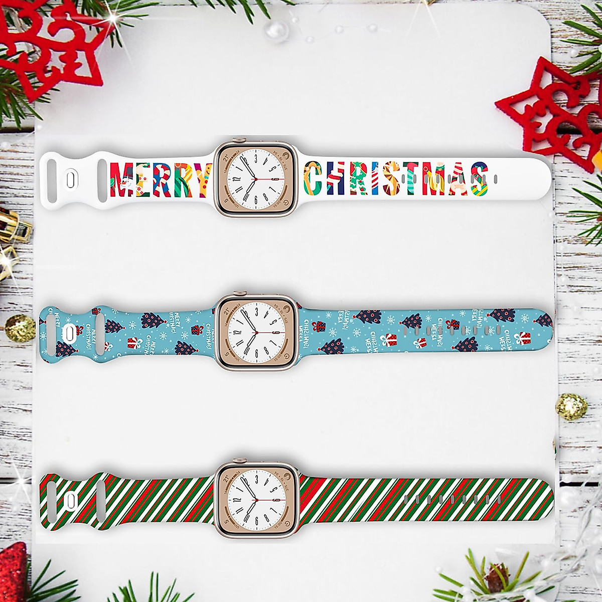 Christmas Band Compatible Apple Watch Winter Strap 38mm 40mm 41mm Women 3 Packs,Blingbrione Printed Silicone Merry Xmas Tree Snowflake for iphone Watch Series Ultra 9 8 7 SE 6 5 4 3 2 1 Girl 3 Sets
