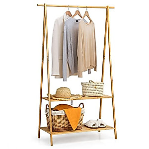 GOFLAME Bamboo Garment Rack, Freestanding Clothing Rack with Hanging Rod and 2 Storage Shelves, Heavy Duty Clothes Rack with Anti-tipping Devices, Natural