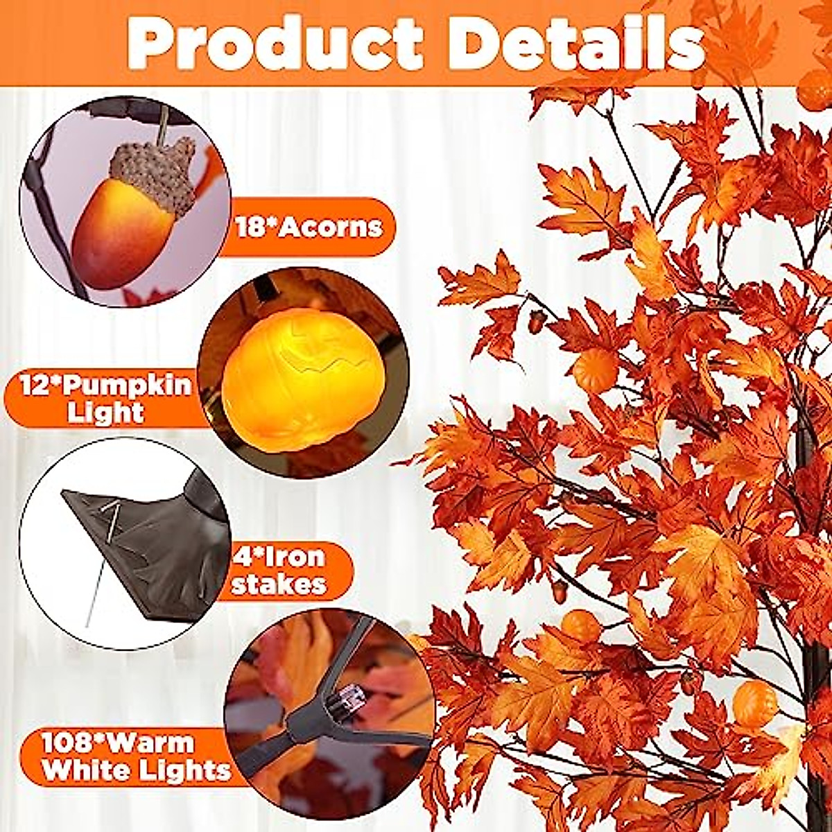 GTIDEA 6FT 120LED Lighted Maple Tree Fall Halloween Decorations, Artificial Fall Tree with 8 Flashing Mode 216 Fall Leaves for Thanksgiving Autumn Porch Farmhouse Home Decor Indoor Outdoor