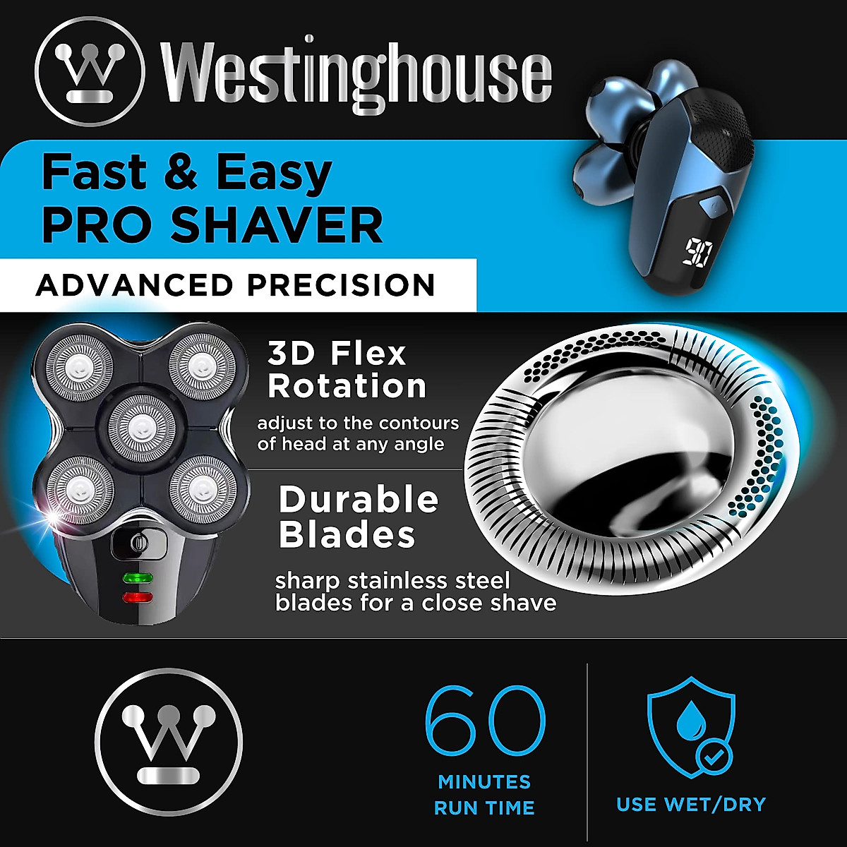 Westinghouse Head Shaver for Bald Men Electric Rechargeable Skull Shavers for Men Cordless Rotary Bald Head Shavers for Men with 5 Powerful Rotating Heads
