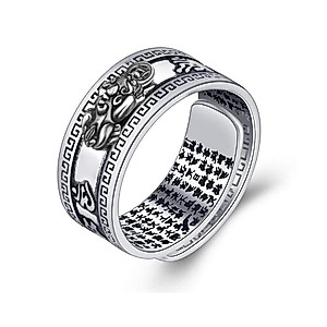 KOEDLN Vintage Pixiu Ring 990 Silver Brave Troops Mantra Protect Wealth Lucky Adjustable Ring for Women Men-Veins1 Silver