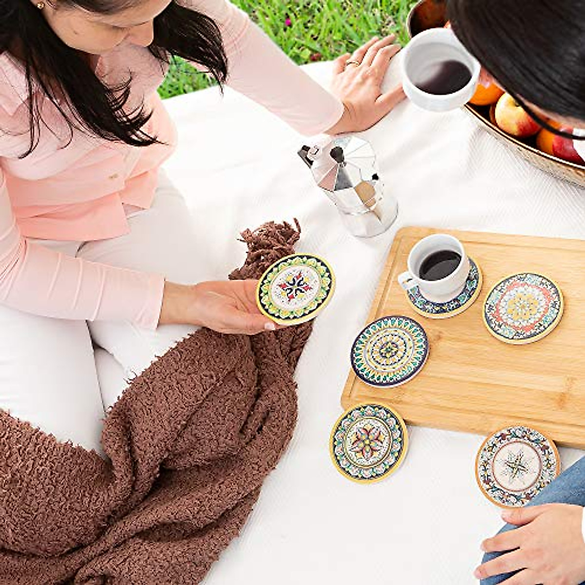 Absorbent Ceramic Bohemian Coasters for Drinks: Regal Robin Drink Coaster Set - Cute 4 Inch Novelty Coasters with Cork Back for Home, Office, Restaurant - Coffee Table, Desk, Kitchen Decor - Set of 6