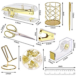 EOOUT Gold Office Supplies Set Desk Accessories, Acrylic Stapler Set Staple Remover, Phone Holder, Tape Holder, Pen Holder, 2 Ballpoint Pen, Scissor, Binder Clips, Ruler, Transparent Glue and Staples.