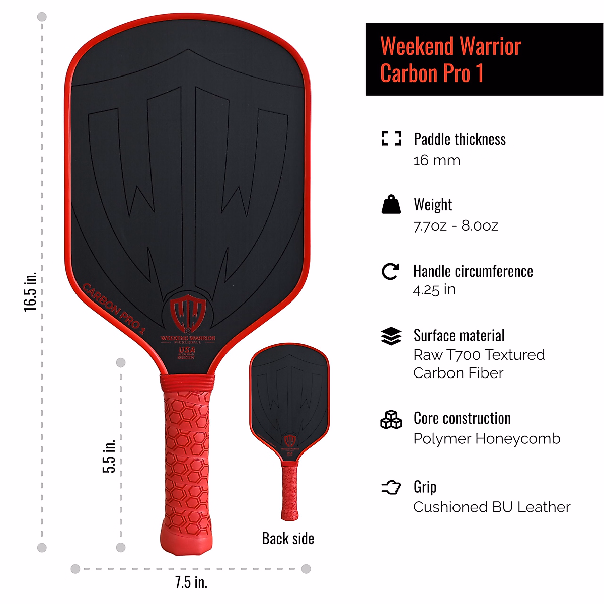 Weekend Warrior Pickleball Paddle - USAPA Approved - T700 Carbon Fiber for Ultimate Spin - Elongated Handle and Shape for Power - Paddle Cover, Paddle Eraser, Lead Tape, Sweatband Included