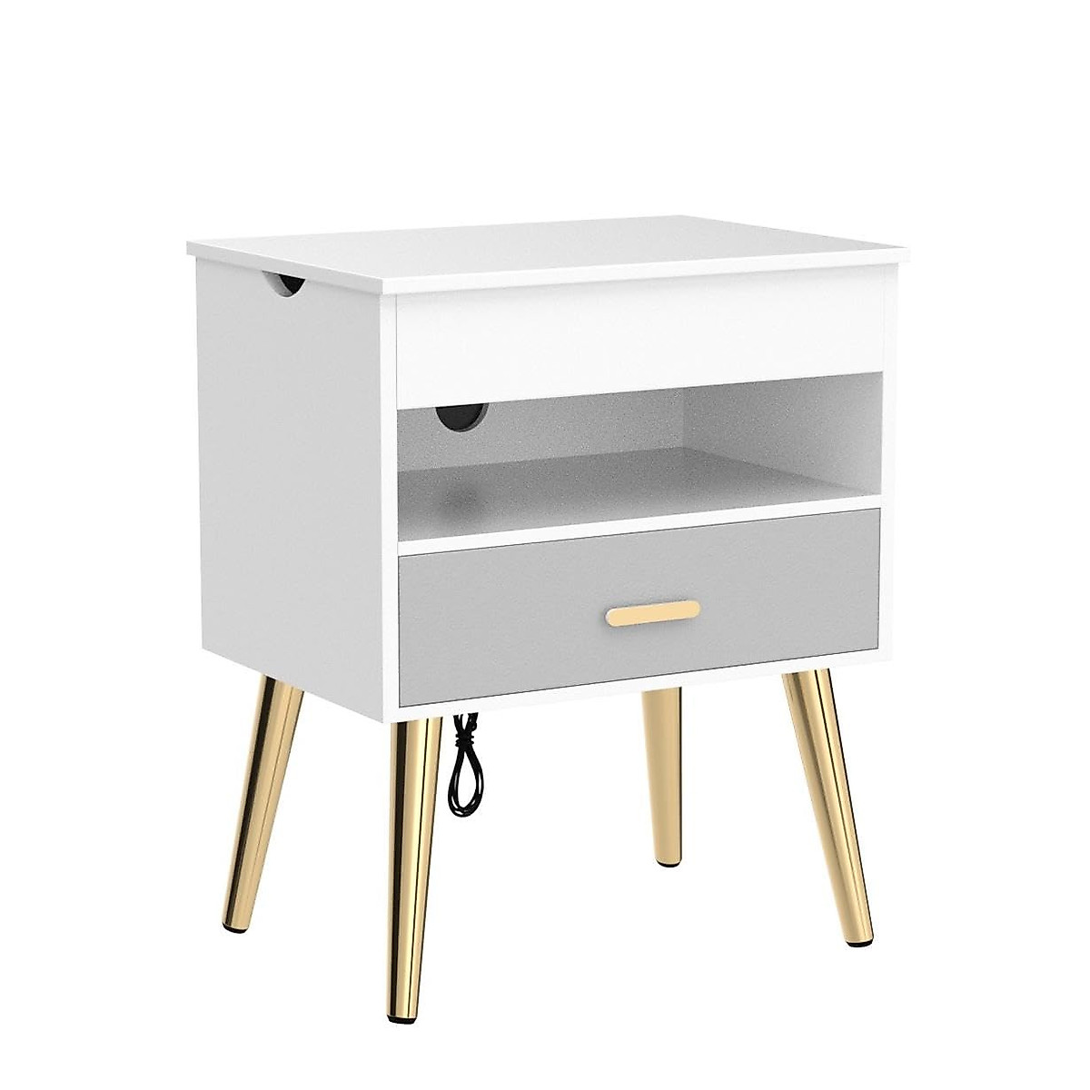 Cyclysio 35'' Nightstands Set of 2 with Reversible Lift Top, Large Night Stand with Lights, Tall Bedside Table with Charging, White Modern Side Table